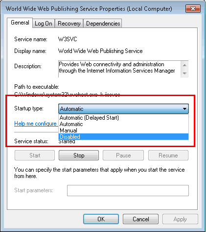 How can I disable IIS or World Wide Web Publishing service in Windows OS?